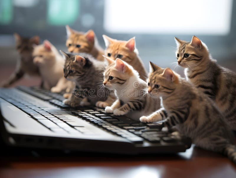 Miniature Cute Cats and Computer, Generative Ai Stock Illustration ...