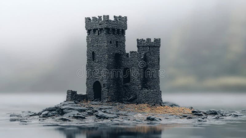 Miniature Dark Grey Stone Castle on Misty Water Island Stock ...