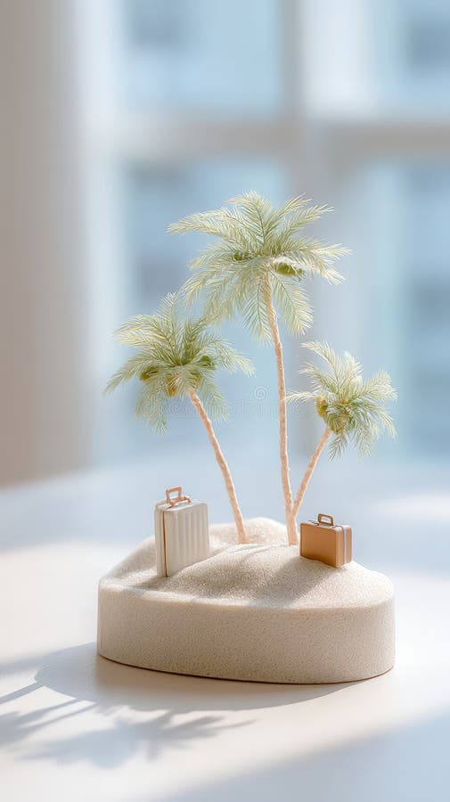Miniature Desert Island with Suitcases Under Palm Trees Stock Image ...