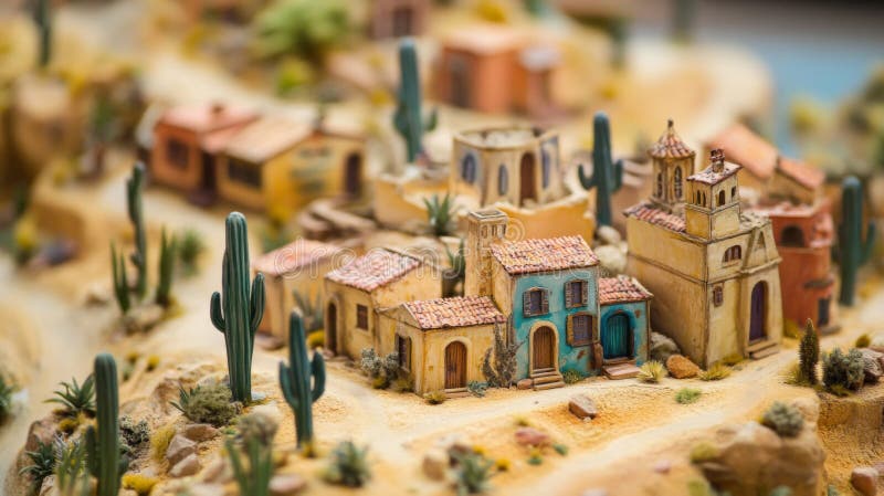 Miniature Desert Village Model with Cactus Stock Illustration ...