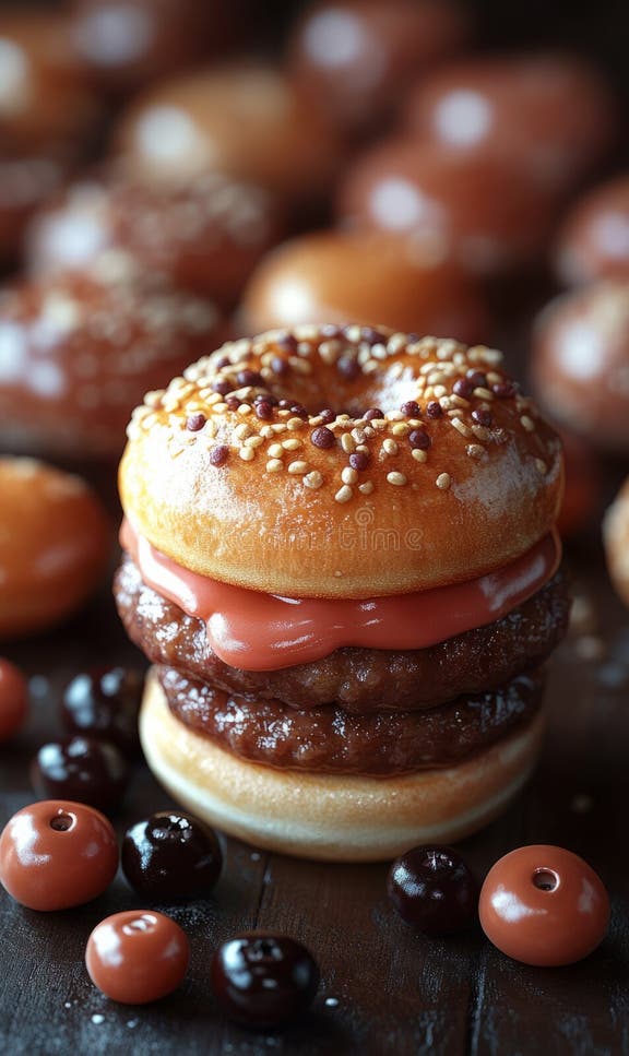 Miniature Dessert Stack Featuring a Donut Burger on a Rustic Table ...