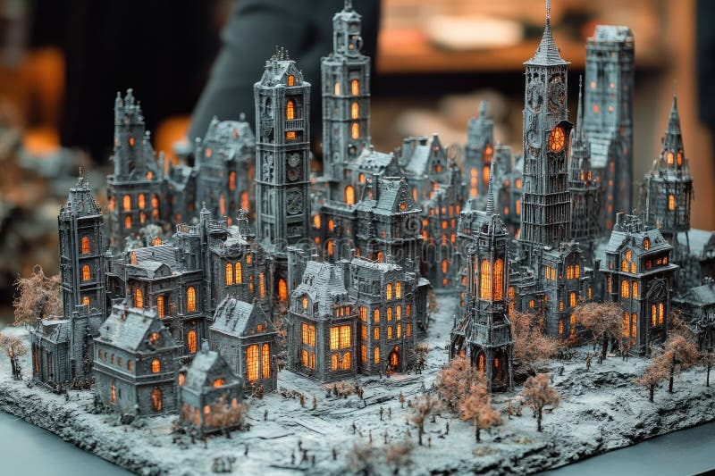 Intricate Gothic Cityscape Model with Illuminated Buildings Stock ...