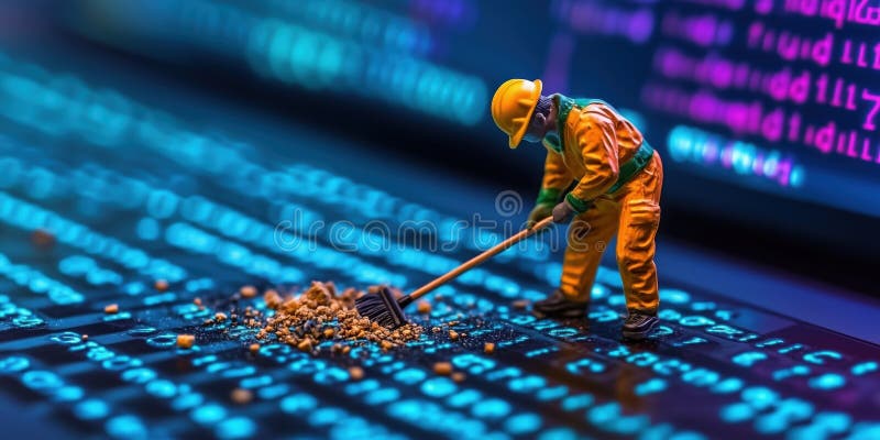 Miniature Developer Cleaning Digital Data on Glowing Computer Screen ...