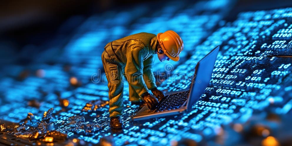 Miniature Developer in Helmet Operates Laptop on Glowing Digital Code ...