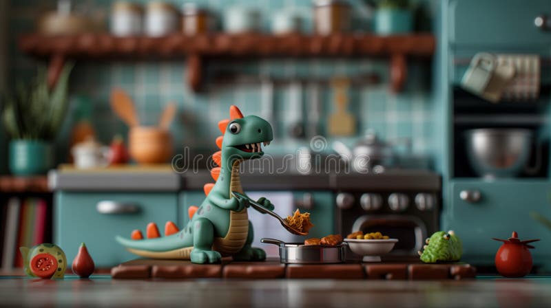 A Miniature Dinosaur Chef Prepares a Meal in a Tiny Kitchen Stock Image ...