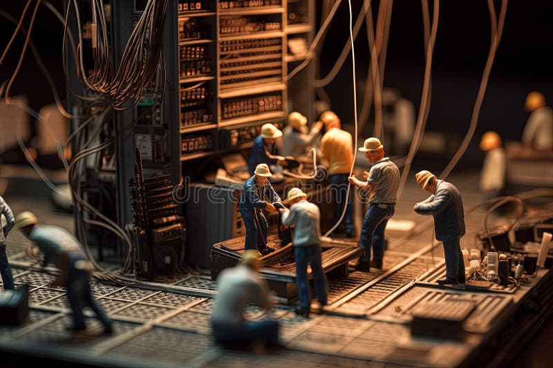 Miniature Diorama, Many Tiny Workers Building Internet Network Inside ...