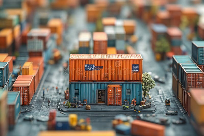 A Miniature Diorama of a Shipping Container City, with a Small Tree and ...