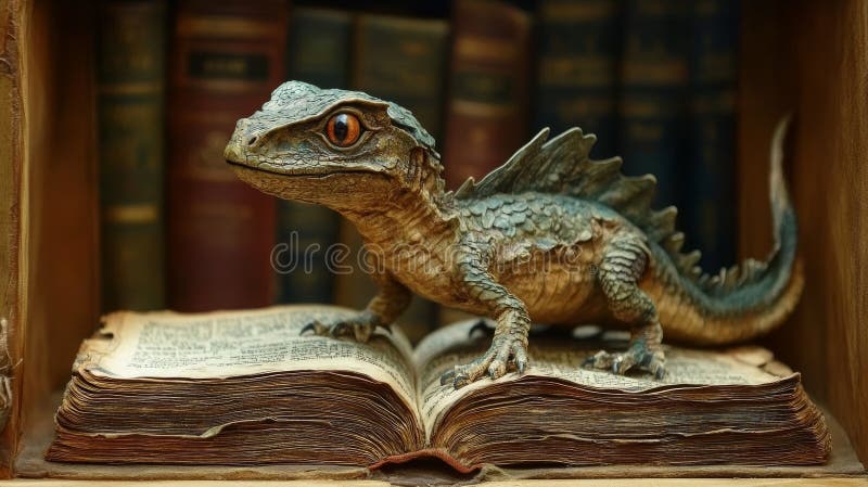 Miniature Dragon on Opened Book in Library Setting Stock Image - Image ...