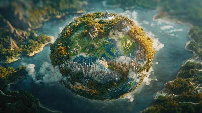 Miniature Earth with Diverse Ecosystems and Cityscapes Surrounded by ...