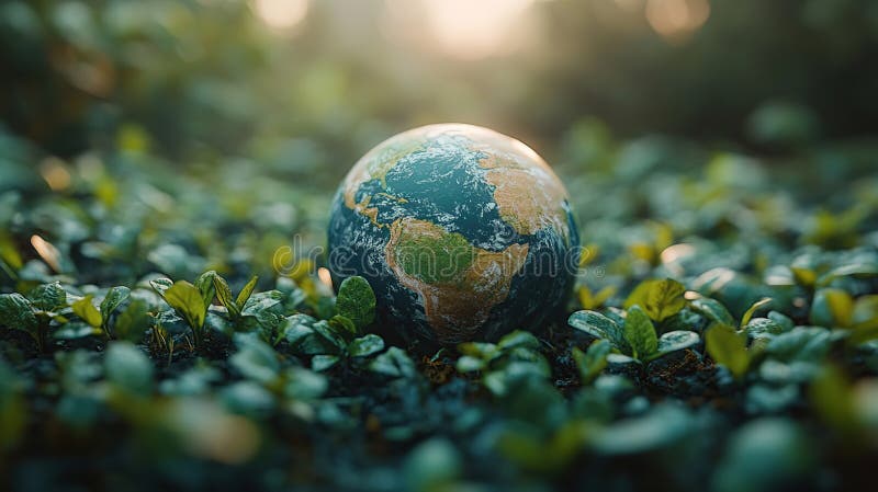 Miniature Earth Globe Nestled among Lush Green Plants, Bathed in Soft ...