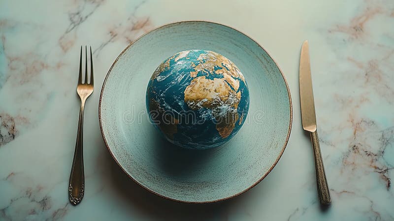 A Miniature Earth Globe Sits on a Plate with a Fork and Knife ...