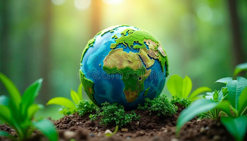 A Miniature Earth Globe Surrounded by Green Plants, Symbolizing ...