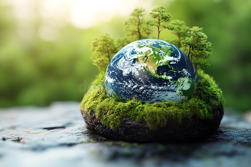 Miniature Earth Globe Surrounded by Moss and Trees Represents ...