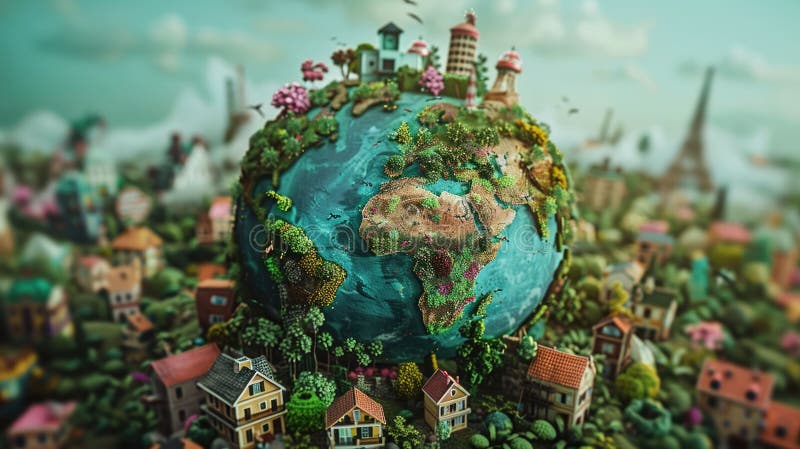 Miniature Earth Globe Surrounded by Tiny Houses and Greenery Stock ...