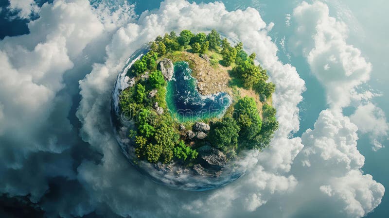 Miniature Earth with Lush Greenery and Water Floating in Clouds Stock ...