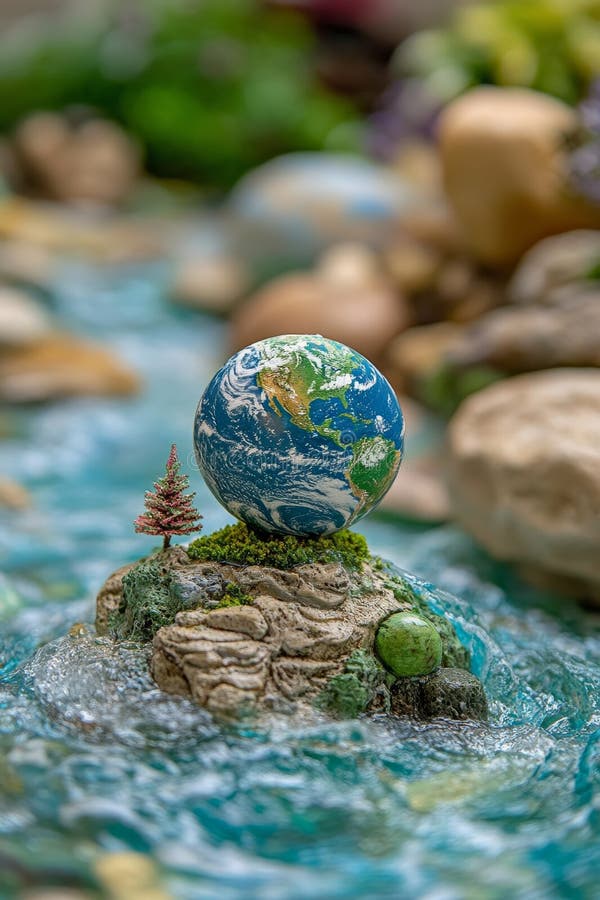 Miniature Earth Model on Rock Formation in Vibrant River, Symbolizing ...