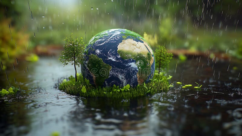 Miniature Earth Surrounded by Plants, Water and Rain. Earth Day, Save ...