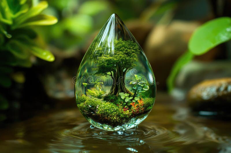 Miniature Ecosystem Inside a Glass Water Drop Stock Illustration ...