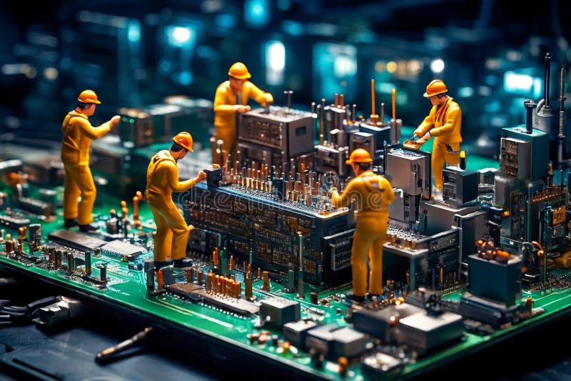 Miniature Engineers Fixing Computer Stock Illustration - Illustration ...