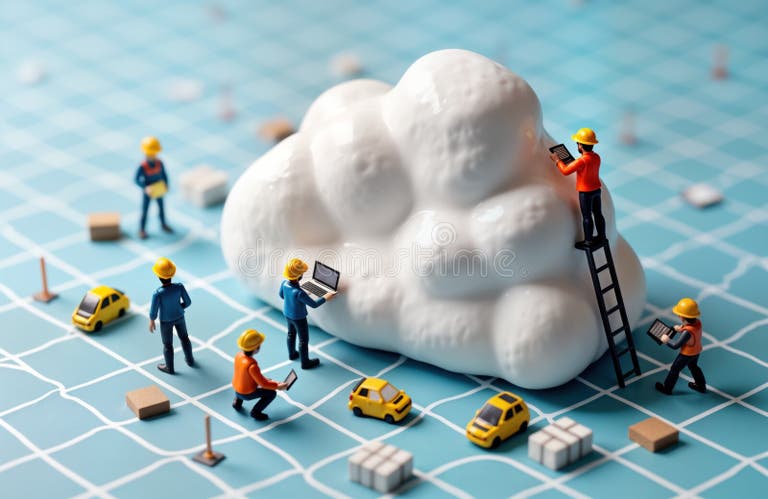 Miniature Engineers Work on Large Cloud Model. Technicians Use Laptops ...