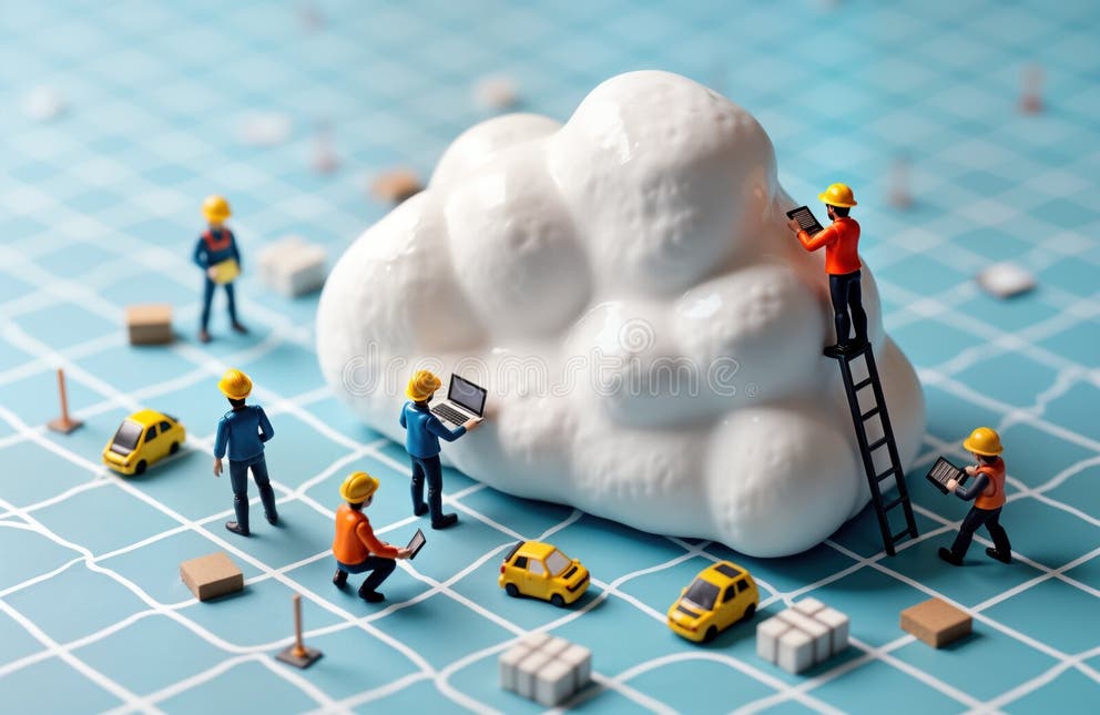 Miniature Engineers Work on Large Cloud Model. Technicians Use Laptops ...