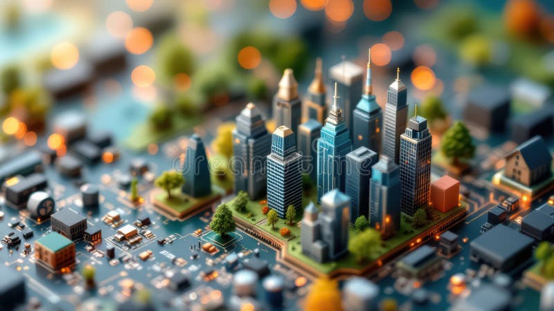 Miniature Environmental City on a Circuit Board Symbolize Corporate ...
