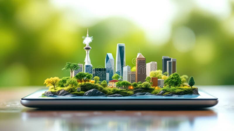 Miniature Environmental City on a Digital Tablet in a Empty Modern ...