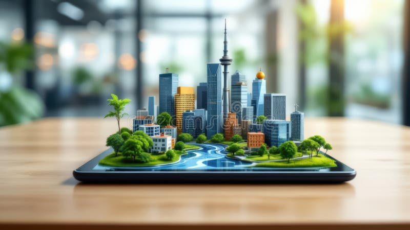 Miniature Environmental City on a Digital Tablet in a Empty Modern ...