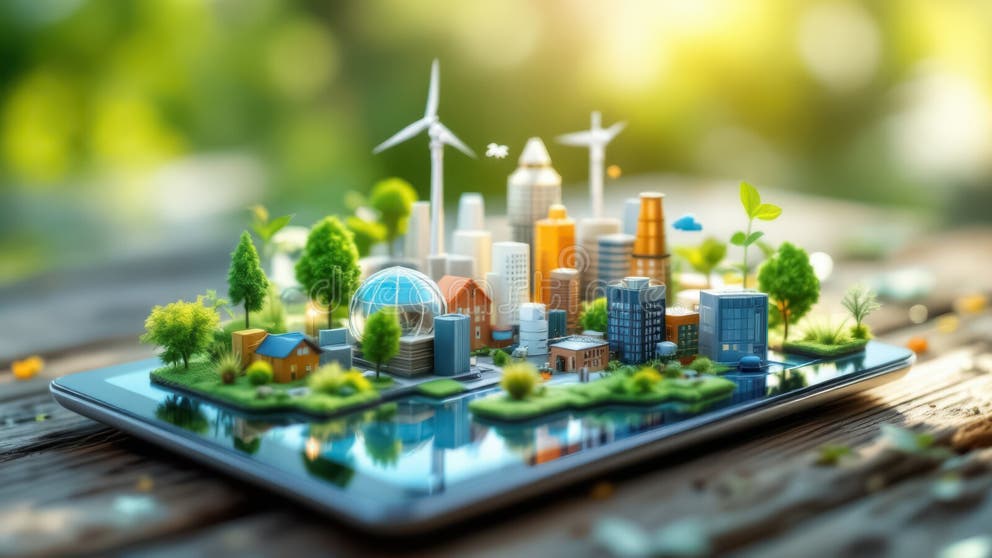 Miniature Environmental City on a Digital Tablet in a Empty Modern ...