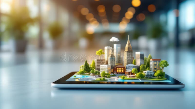 Miniature Environmental City on a Digital Tablet in a Empty Modern ...