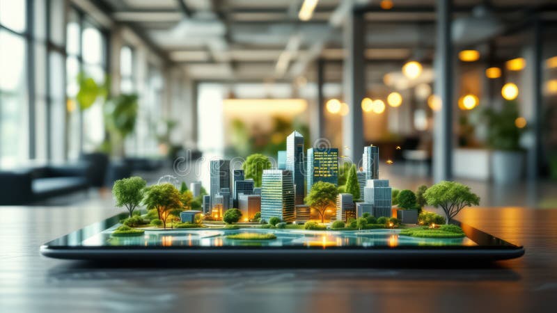 Miniature Environmental City on a Digital Tablet in a Empty Modern ...