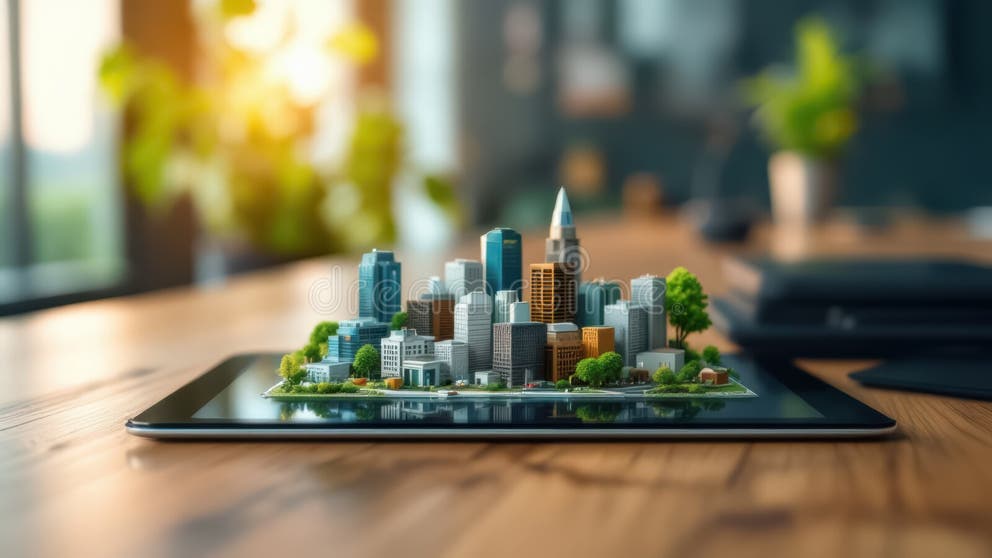 Miniature Environmental City on a Digital Tablet in a Empty Modern ...