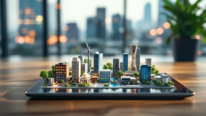 Miniature Environmental City on a Digital Tablet in a Empty Modern ...