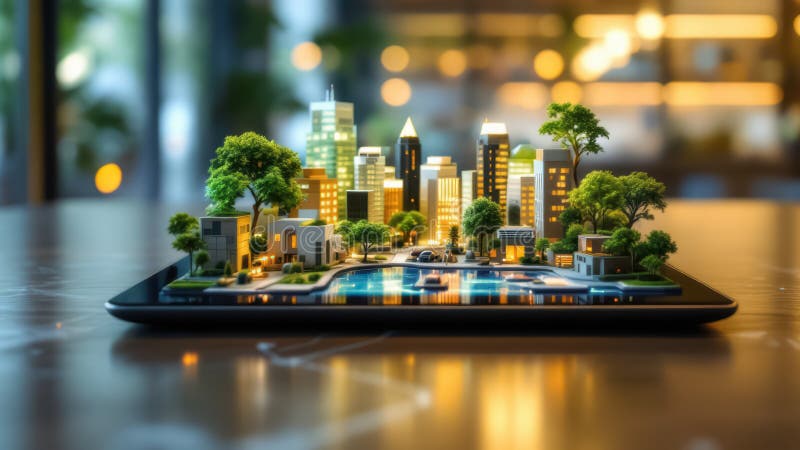 Miniature Environmental City on a Digital Tablet in a Empty Modern ...