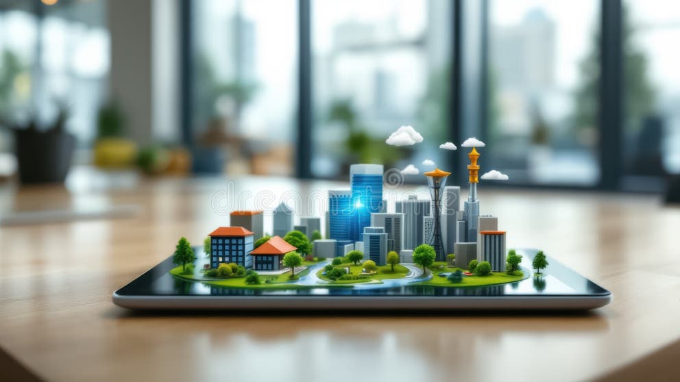 Miniature Environmental City on a Digital Tablet in a Empty Modern ...