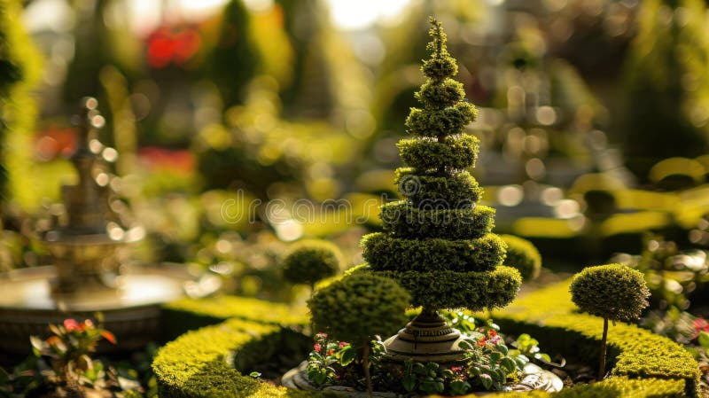 Miniature Evergreen Topiary Tree in a Garden Setting Stock Image ...