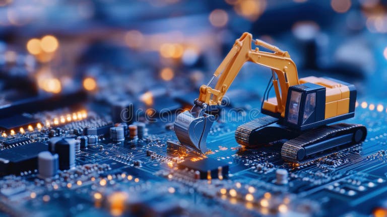 Miniature Excavator on a Computer Motherboard Representing Technology ...