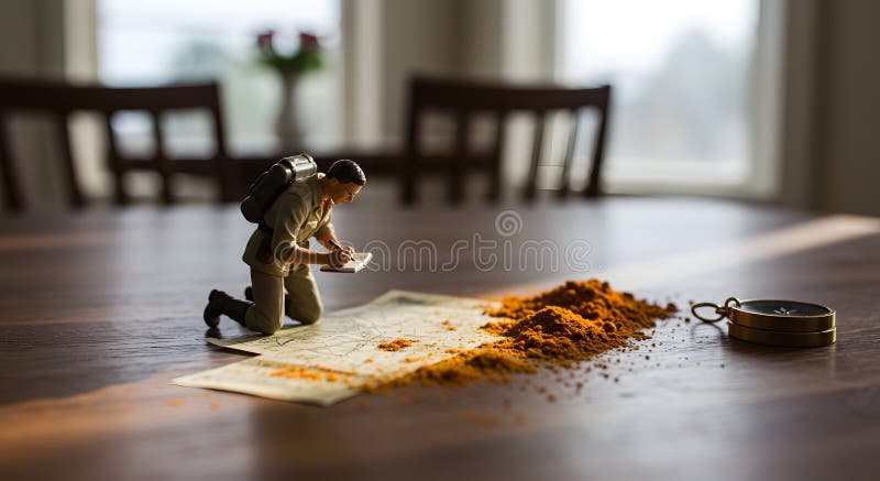 Miniature Explorer Studying an Ancient Map, Compass and Spice Dust on ...