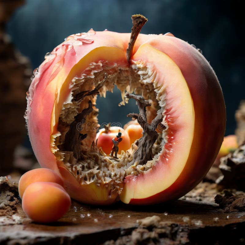 Miniature Explorers Inside a Hollowed Peach with Apricots Stock Image ...