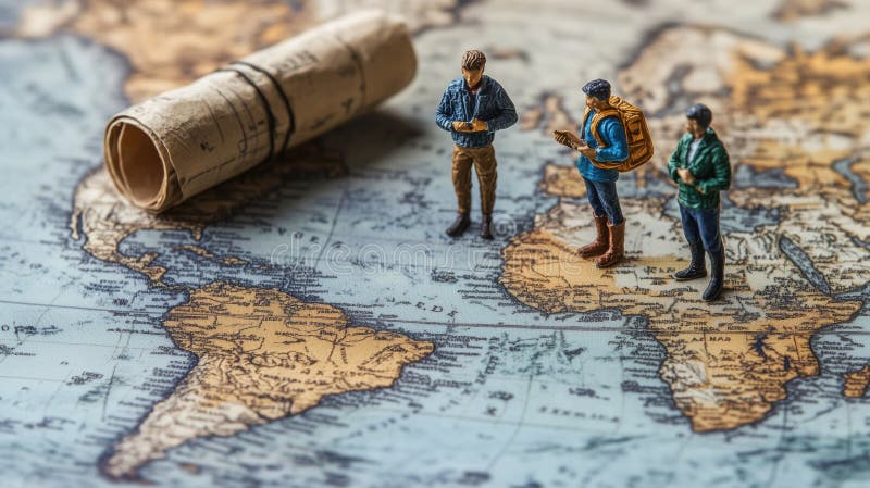 Miniature Explorers on Vintage World Map Stock Image - Image of outdoor ...