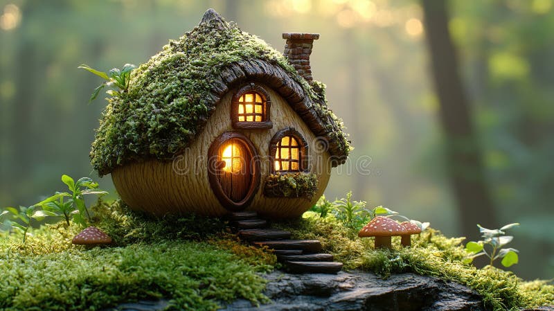 Miniature Fairy House Nestled in Mossy Forest Stock Image - Image of ...