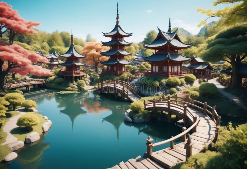 Miniature Fantasy Village by the Lake Stock Illustration - Illustration ...