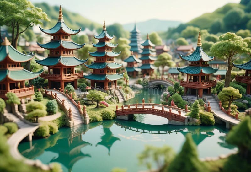 Miniature Fantasy Village by the Lake Stock Illustration - Illustration ...