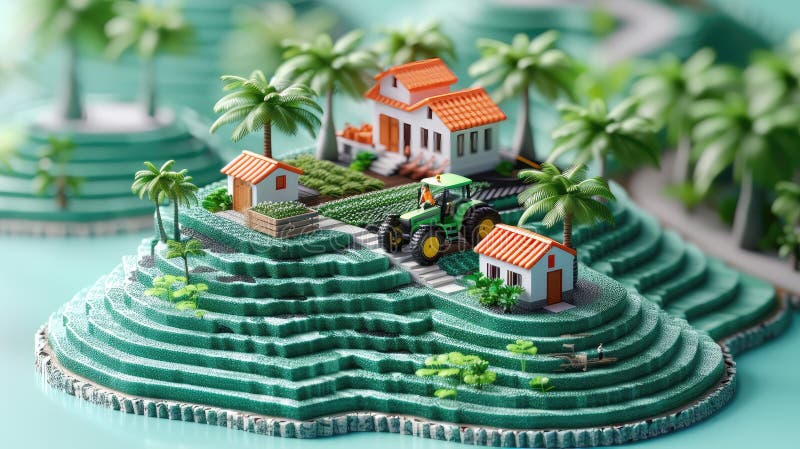 Miniature Farm Scene on Terraced Fields with Houses and a Tractor ...