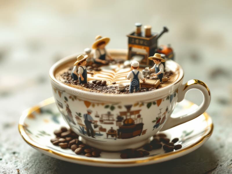 Miniature Farmers Working Inside a Cup of Coffee Stock Photo - Image of ...