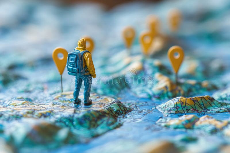 Miniature Figure with Backpack Planning Travel Route on a Three ...