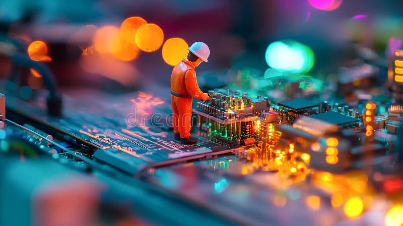 Miniature Figure of an Engineer on Circuit Board in Vibrant Light ...