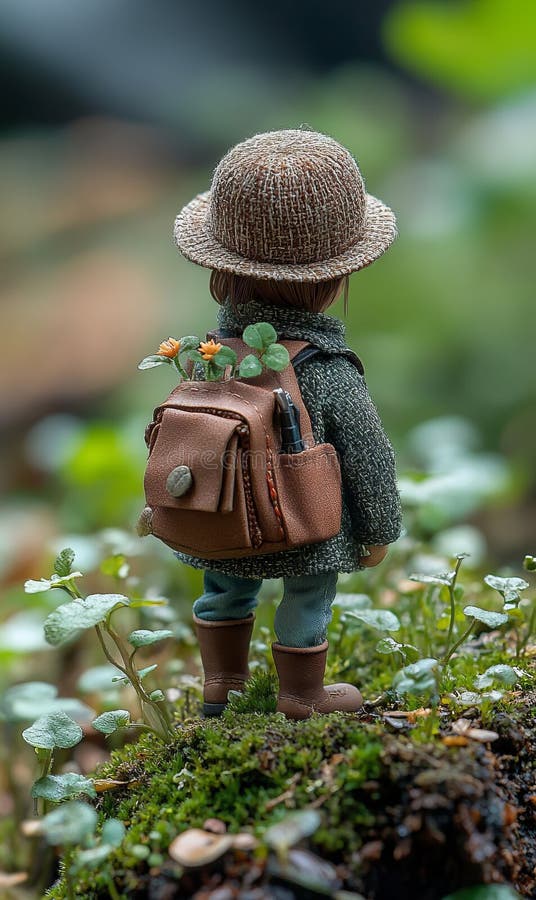 Miniature Figure Exploring a Lush Forest with a Small Backpack Stock ...