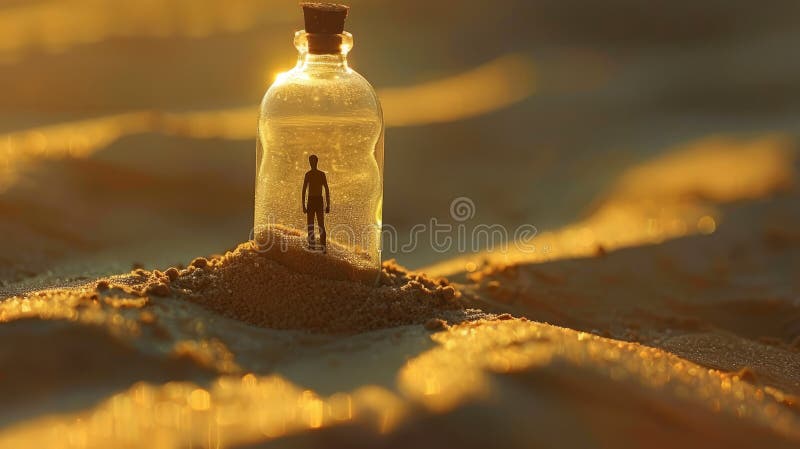 A Miniature Figure Inside a Bottle on the Beach at Sunset. Stock Photo ...
