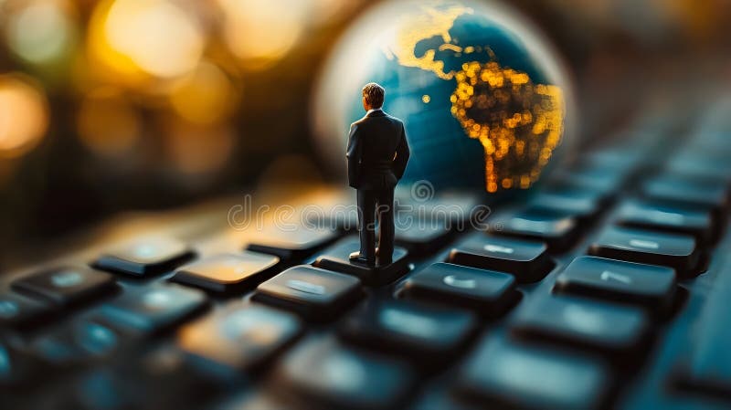 Miniature Figure on Keyboard with Glowing Earth in Background ...